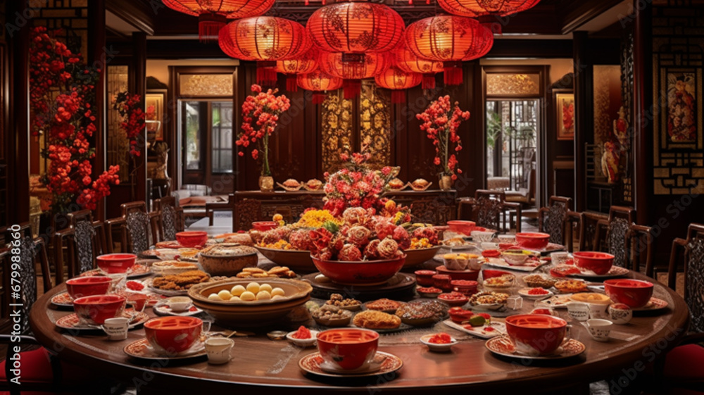 the dining table is set with a lavish spread of traditional Chinese ...
