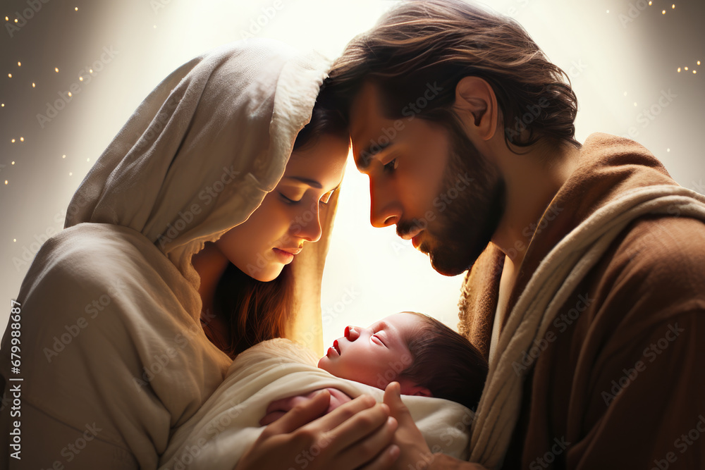 Nativity scene with Mary, Joseph and newborn baby Jesus. Christian ...