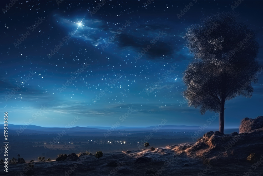 Christmas night. Comet star in night starry sky of Bethlehem. Nativity ...
