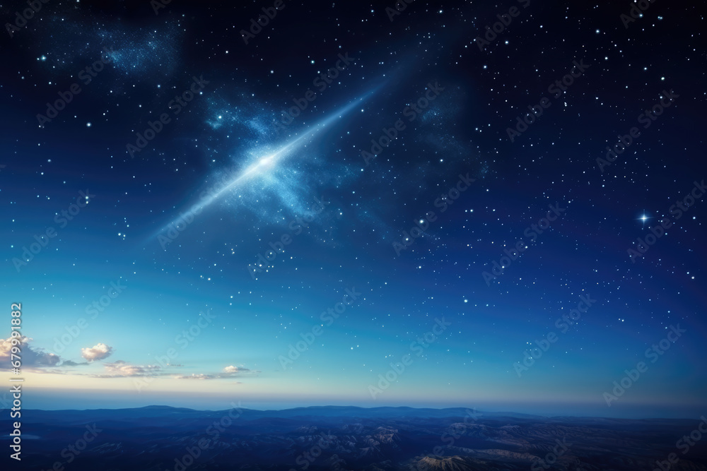 Christmas night. Comet star in night starry sky of Bethlehem. Nativity ...
