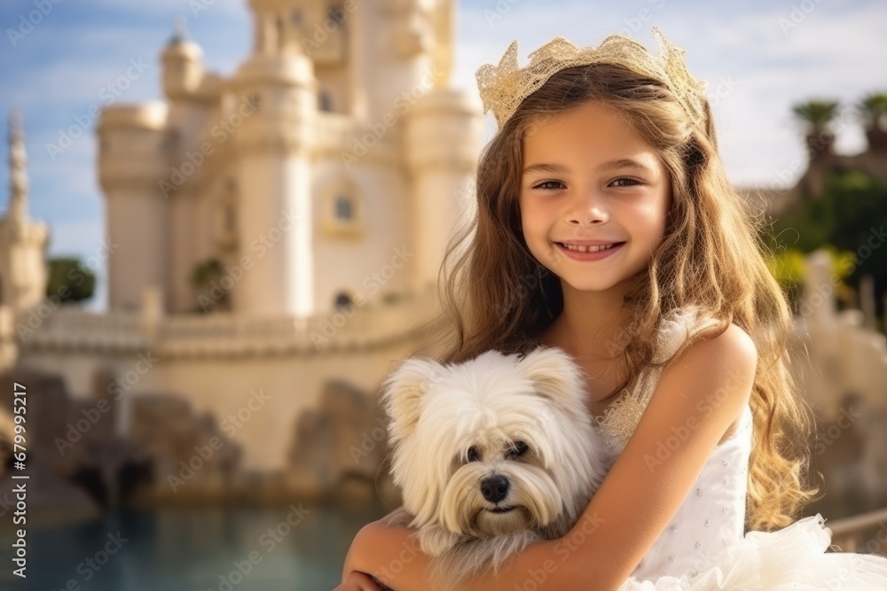 Cute little girl with maltese dog at the princess castle. Stock Photo ...