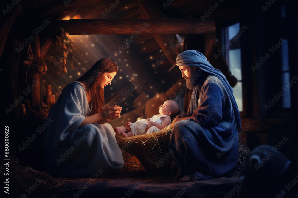 Nativity scene with Mary, Joseph and newborn baby Jesus. Christian ...