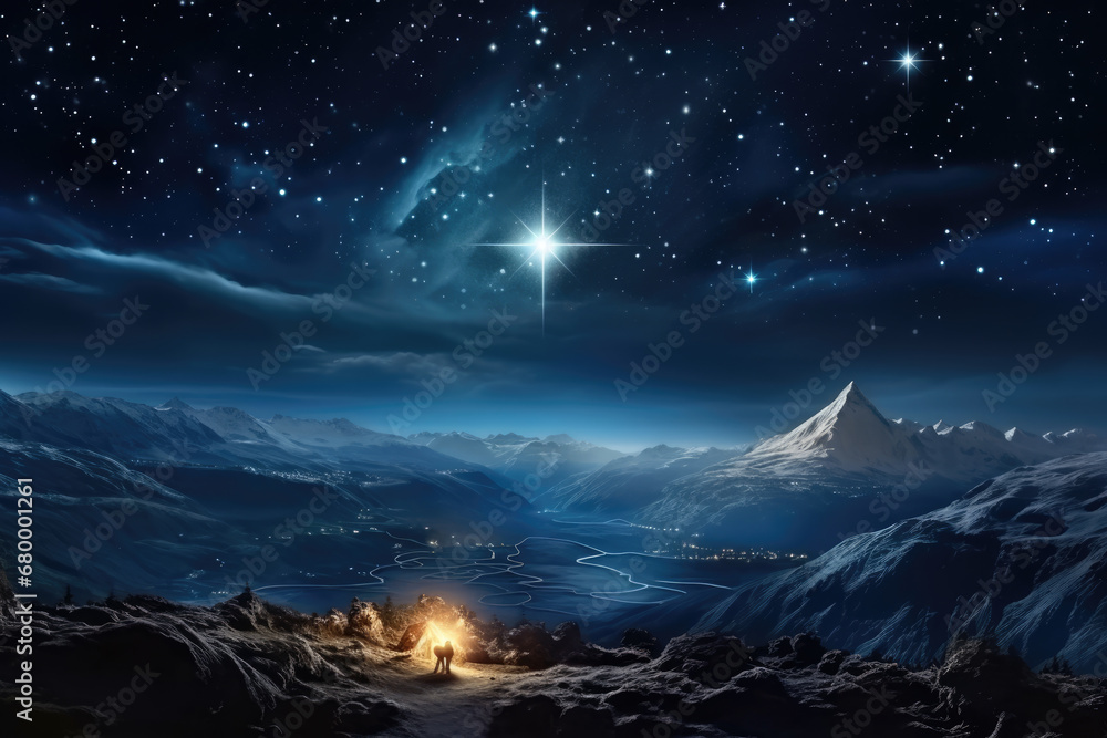 Christmas night. Comet star in night starry sky of Bethlehem. Nativity ...