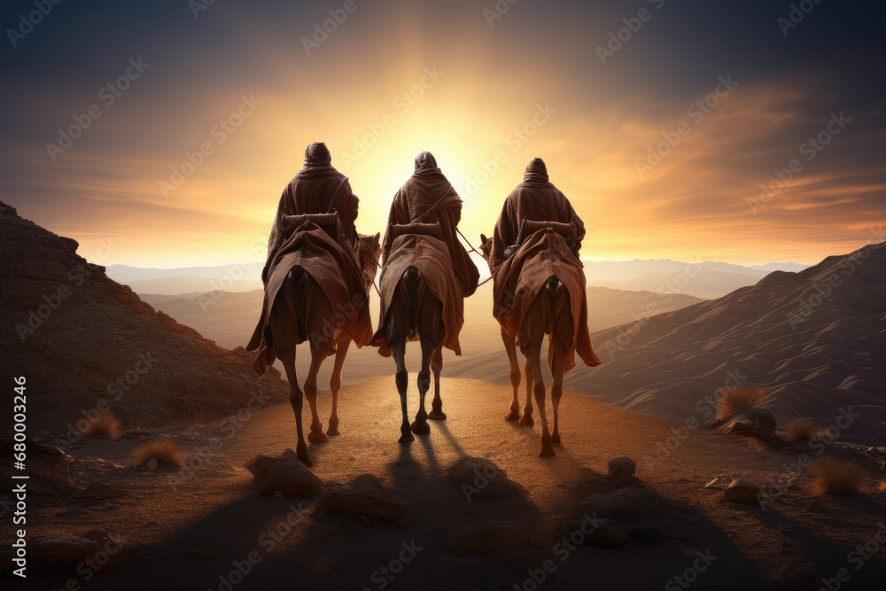 Christmas nativity story. Three wise man on camels against star of ...