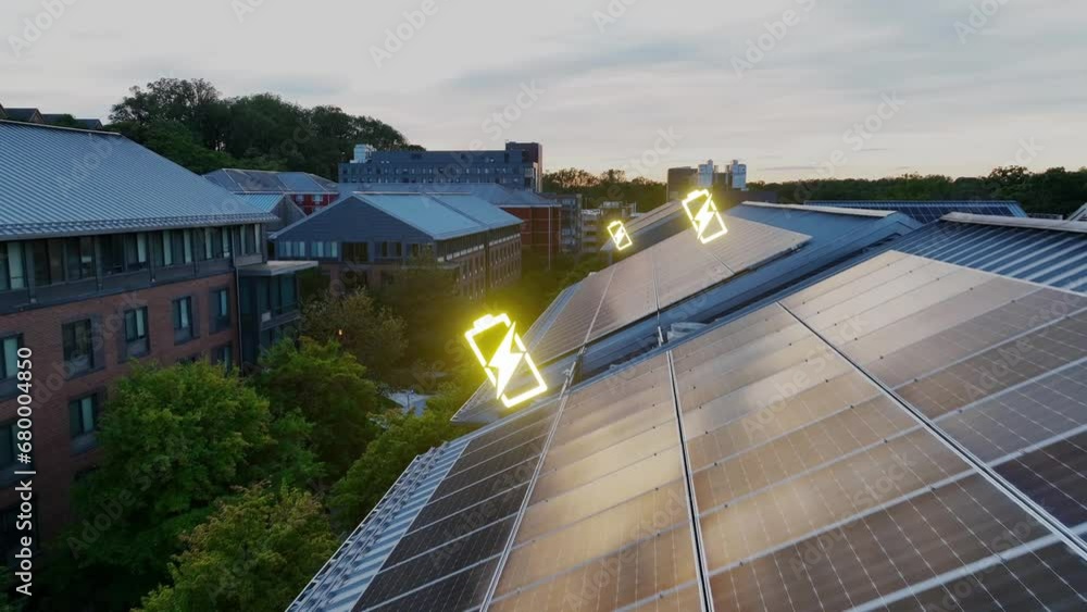 Solar panels with glowing battery icons. Aerial shot above solar array ...