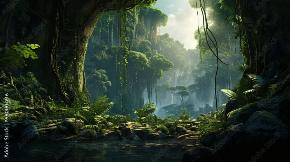 Towering trees in a tropical rainforest, a world teeming with life ...