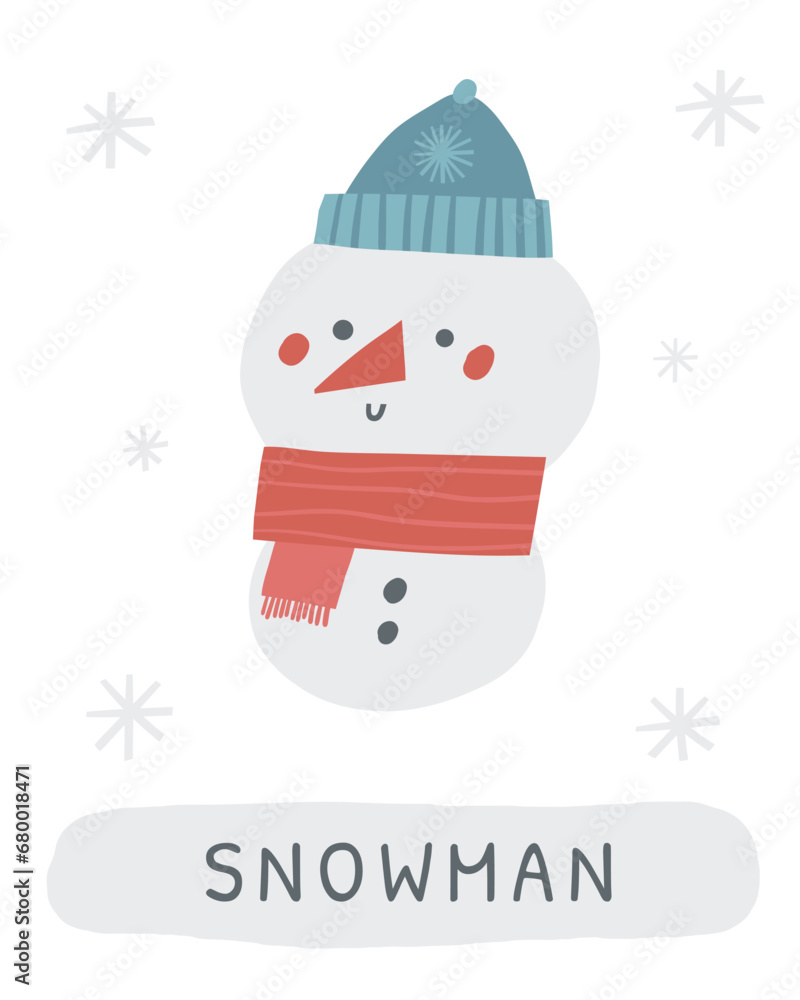 Winter flashcard. Learning English words for kids. Cute hand drawn ...