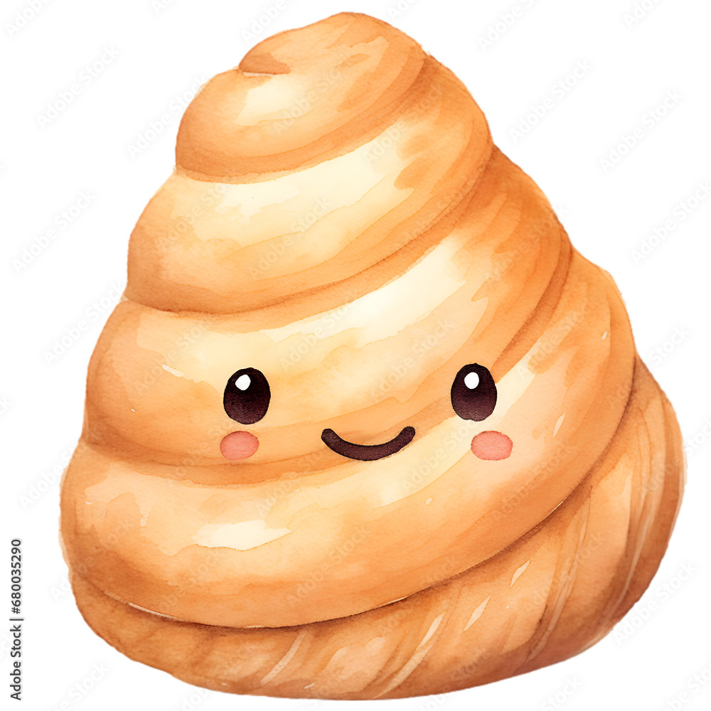 Watercolor illustration of a cute kawaii croissant. Creative graphics ...