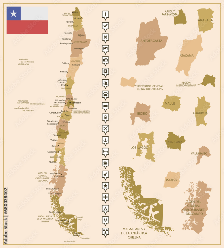 Chile - detailed map of the country in brown colors, divided into ...