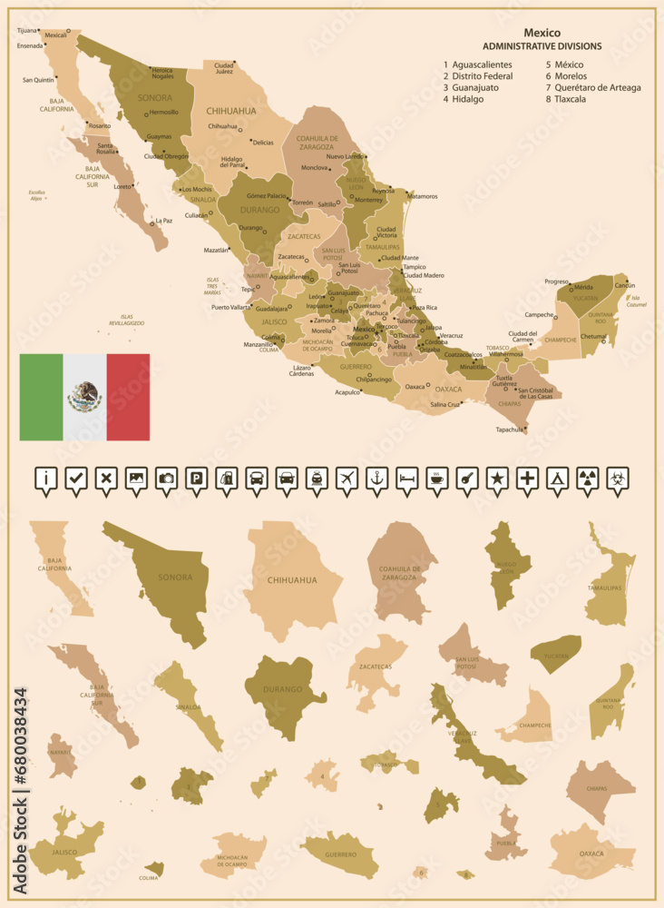 Mexico - detailed map of the country in brown colors, divided into ...