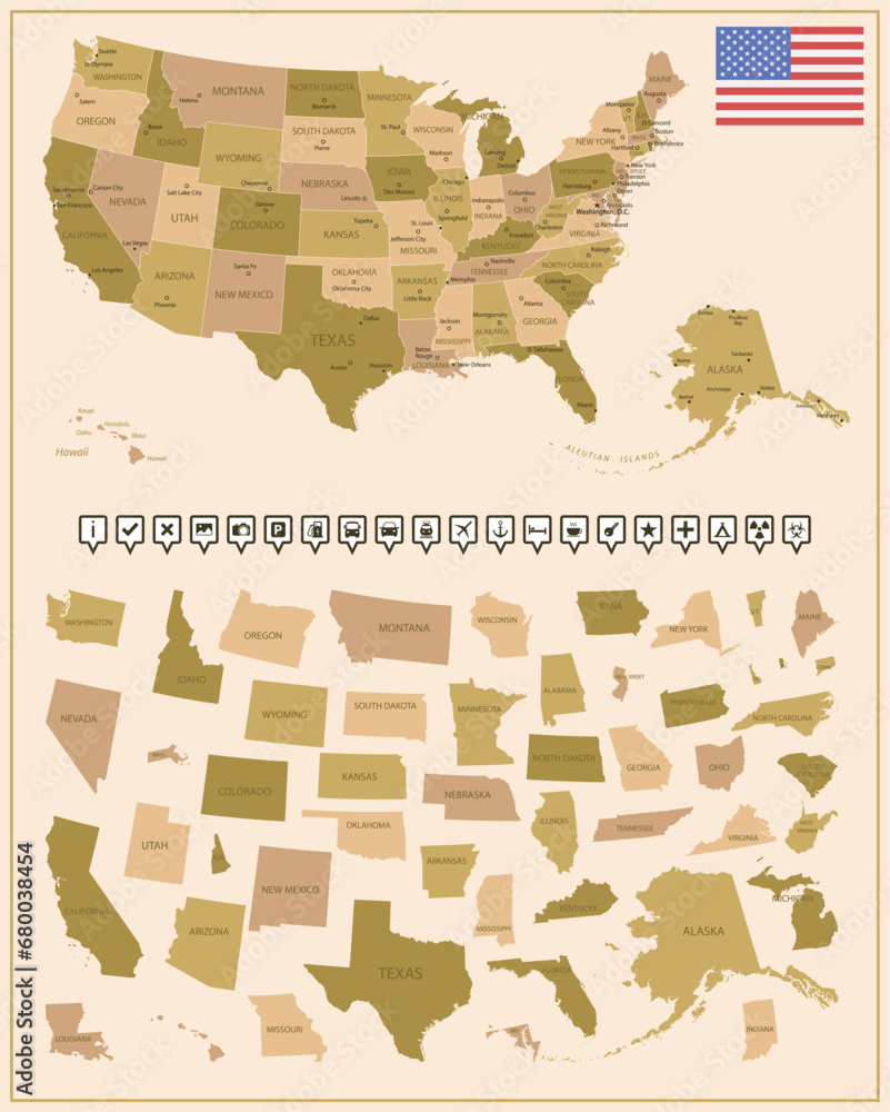 USA - detailed map of the country in brown colors, divided into regions ...