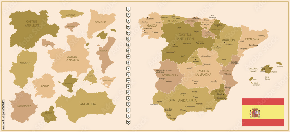 Spain - detailed map of the country in brown colors, divided into ...