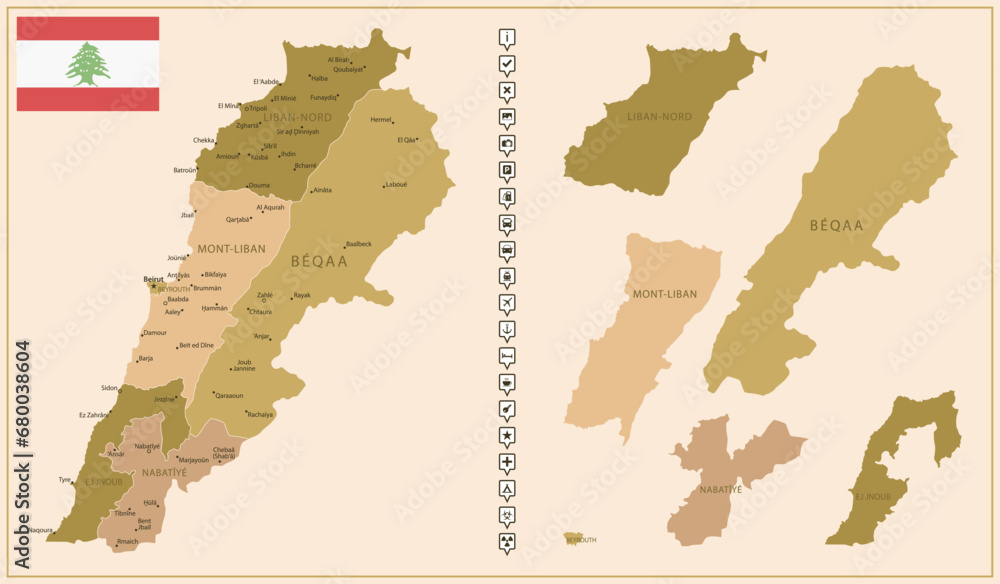 Lebanon - detailed map of the country in brown colors, divided into ...