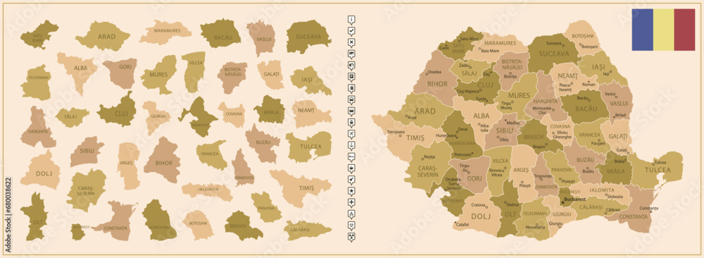 Romania - detailed map of the country in brown colors, divided into ...