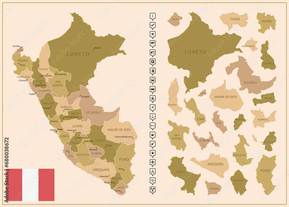Peru - detailed map of the country in brown colors, divided into ...