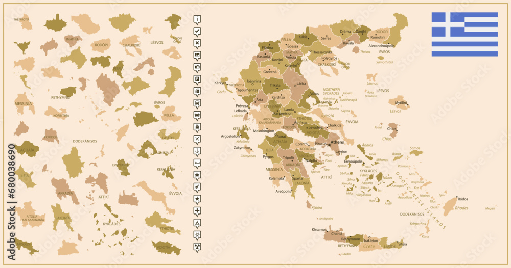 Greece - detailed map of the country in brown colors, divided into ...