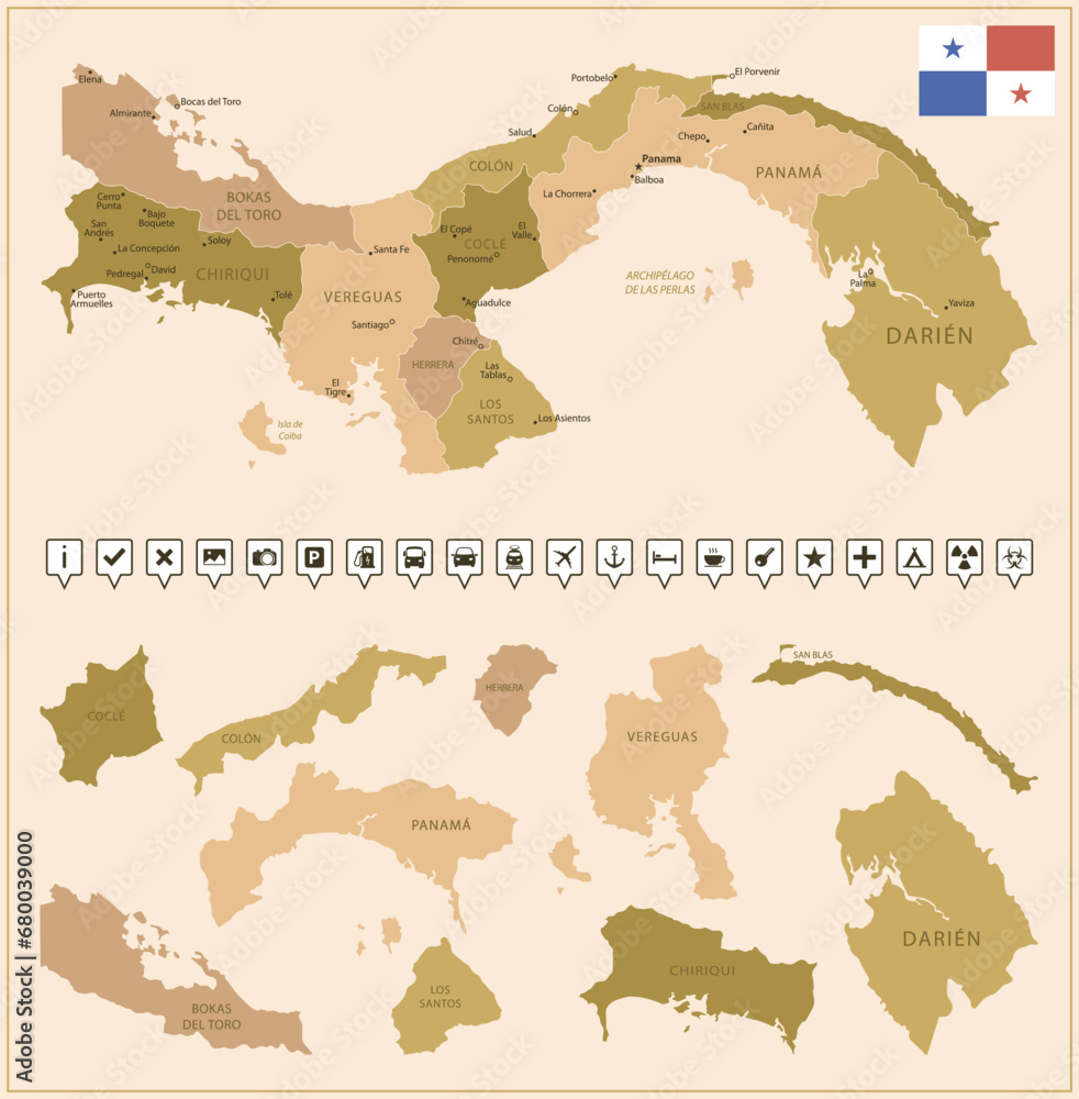 Panama - detailed map of the country in brown colors, divided into ...