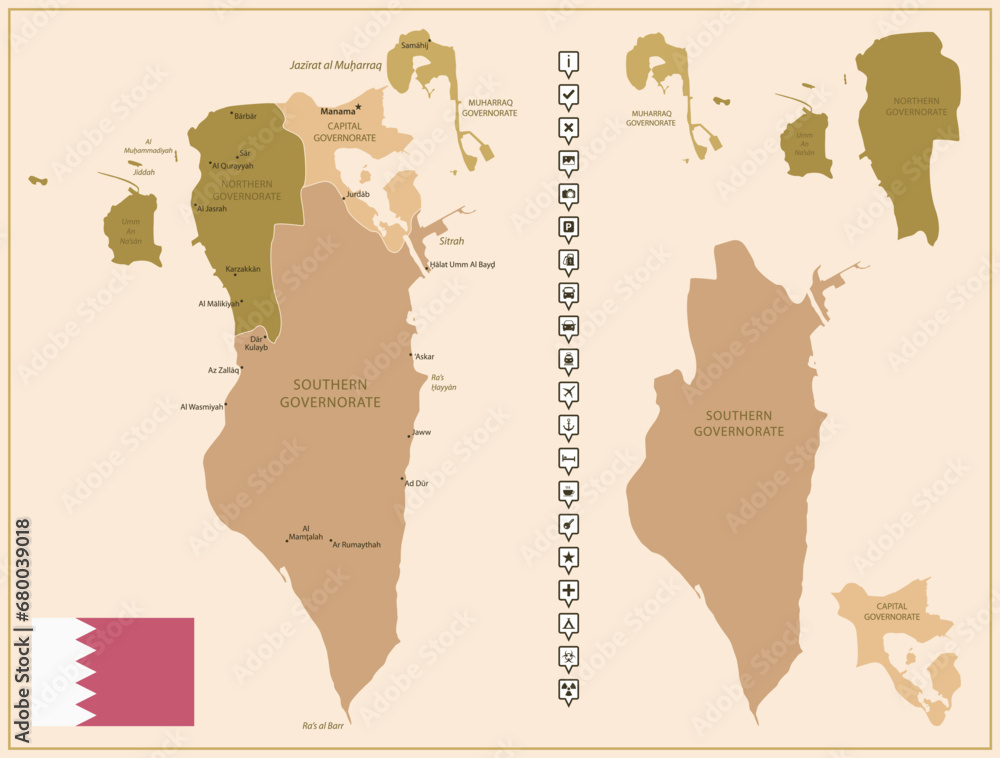 Bahrain - detailed map of the country in brown colors, divided into ...