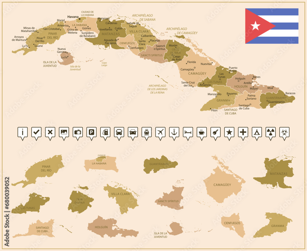 Cuba - detailed map of the country in brown colors, divided into ...