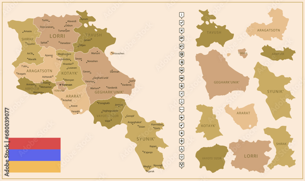 Armenia - detailed map of the country in brown colors, divided into ...