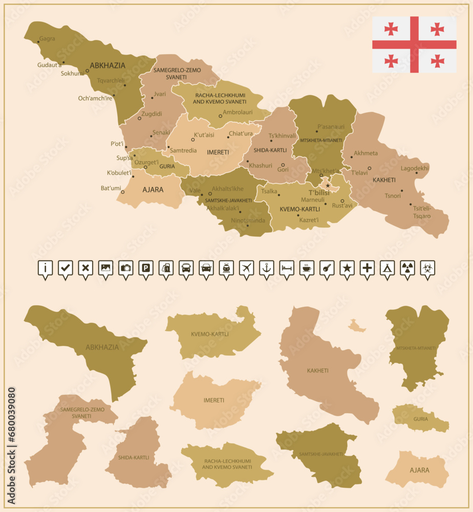 Georgia - detailed map of the country in brown colors, divided into ...