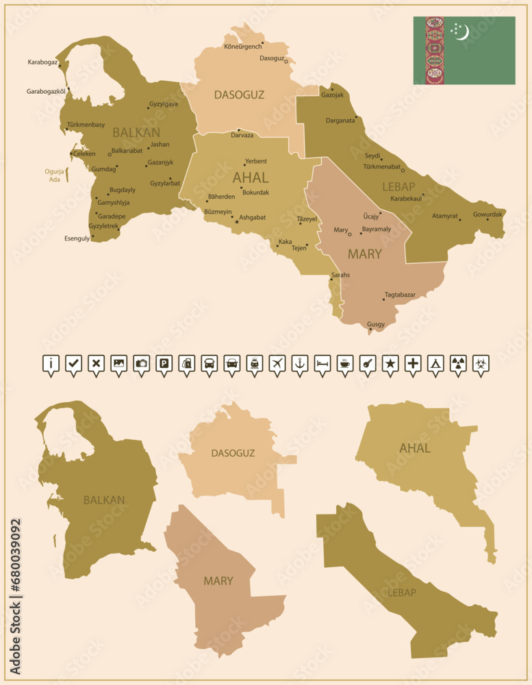 Turkmenistan - detailed map of the country in brown colors, divided ...