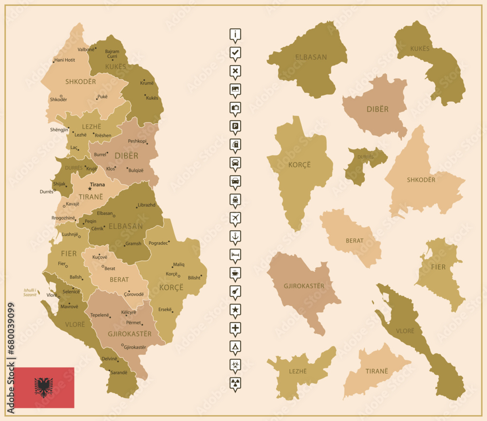 Albania - detailed map of the country in brown colors, divided into ...