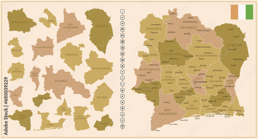 Cote dIvoire - detailed map of the country in brown colors, divided ...
