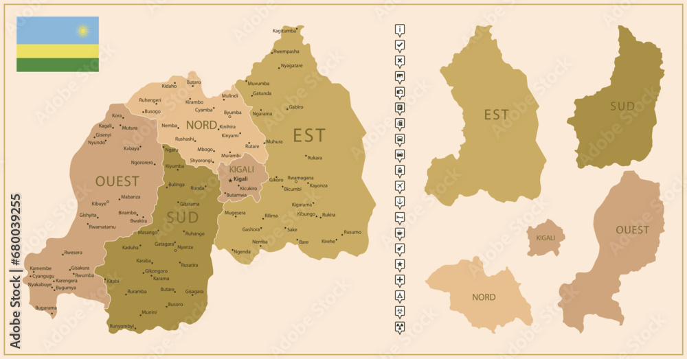 Rwanda - detailed map of the country in brown colors, divided into ...