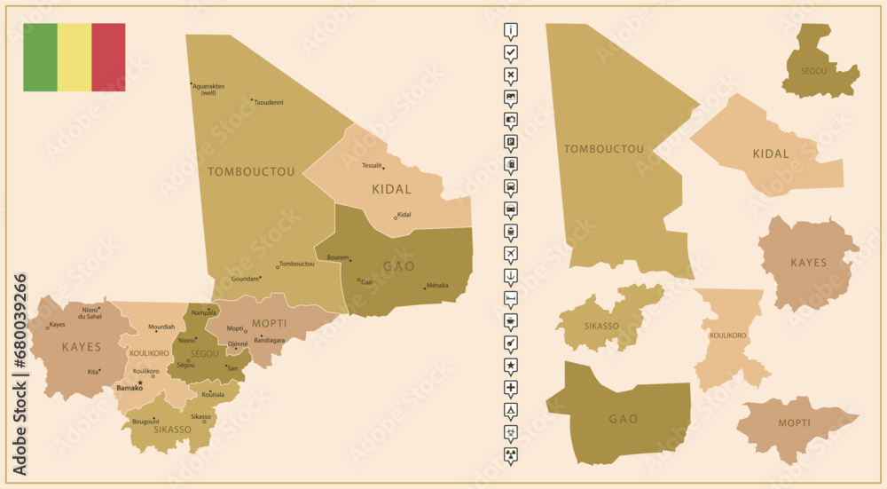 Mali - detailed map of the country in brown colors, divided into ...