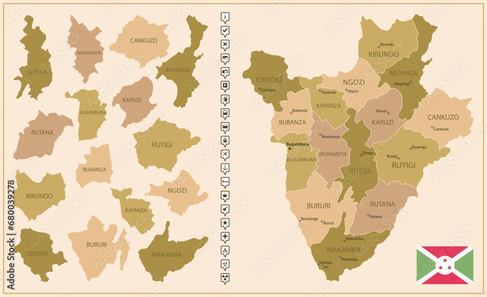 Burundi - detailed map of the country in brown colors, divided into ...