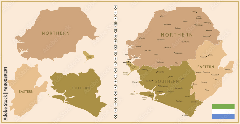 Sierra Leone - detailed map of the country in brown colors, divided ...