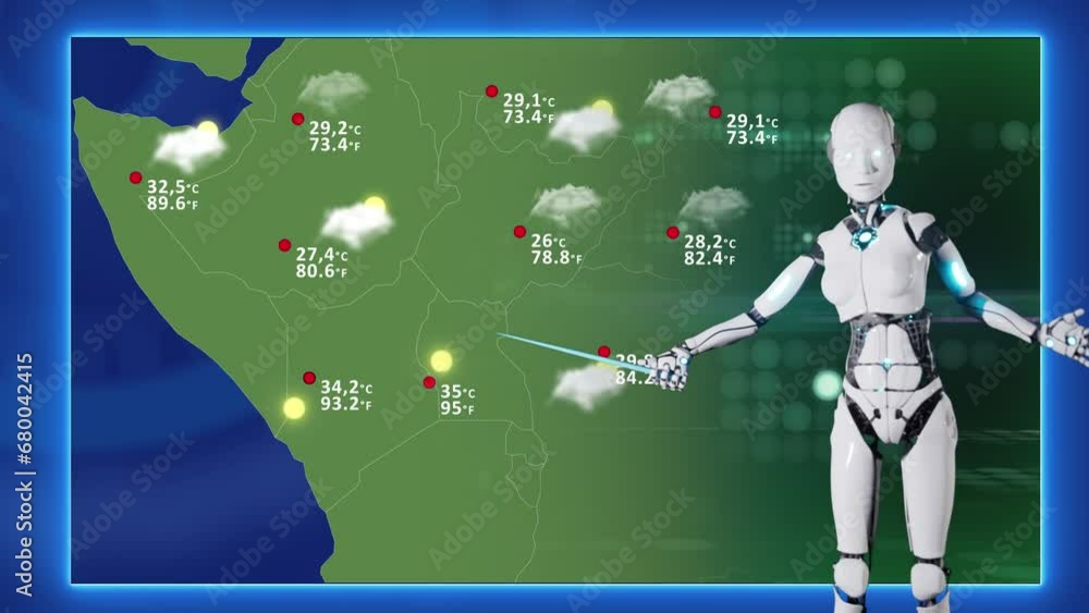 artificial intelligence weather forecast with map and rain or sun icons ...