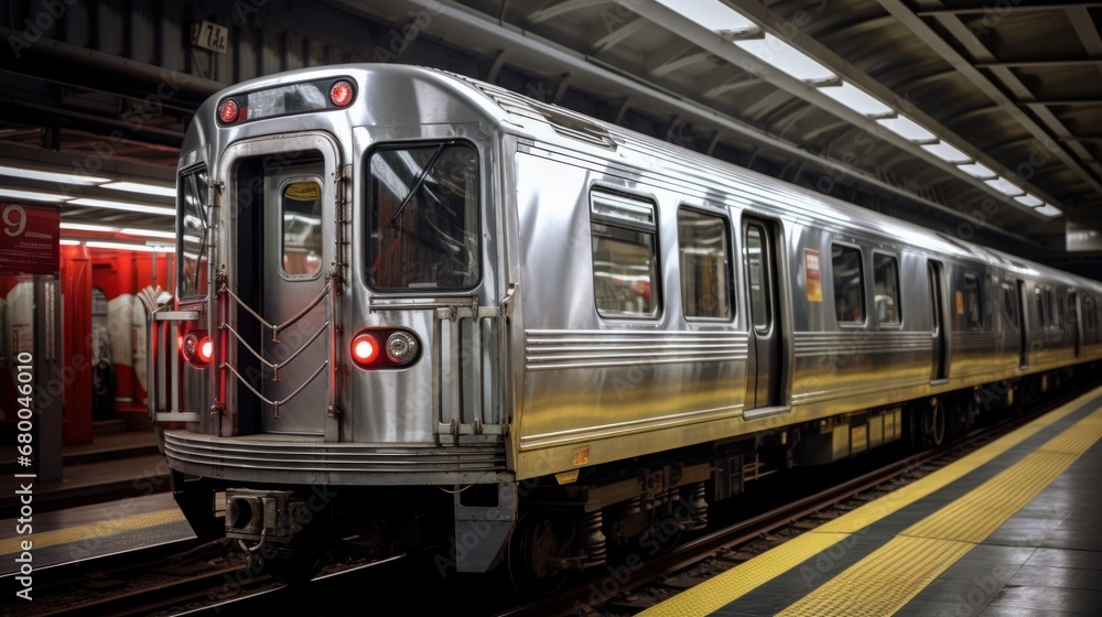 The scene depicts a gray metal train stationed at an underground ...