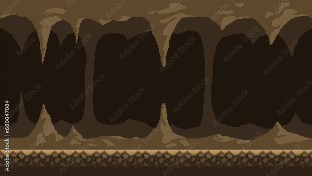 Pixel art game background, underground cave with stalactites and ...