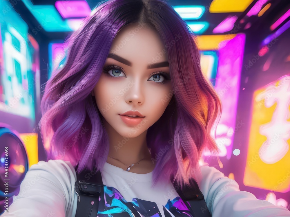 Sexy Cyber Girl Taking Selfie Colorful Art Style Big Breasts 1380