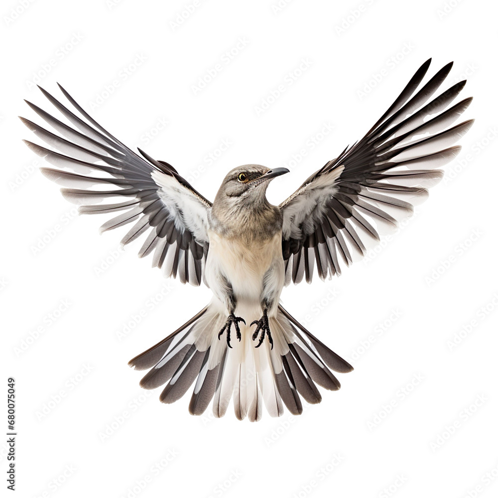 front view of Northern Mockingbird. bird with wings open and landing ...
