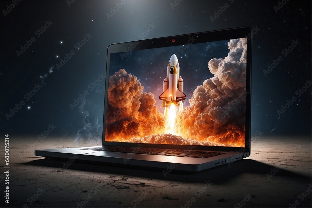 Spaceship taking off from laptop screen, concept of remote control for ...