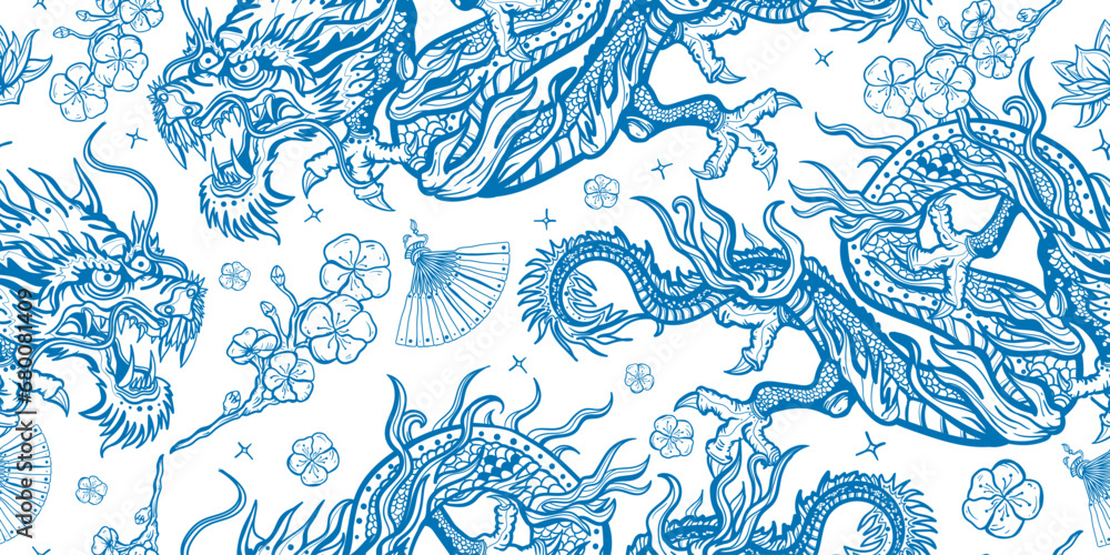Chinese traditional blue ceramic background. Dragons seamless pattern ...