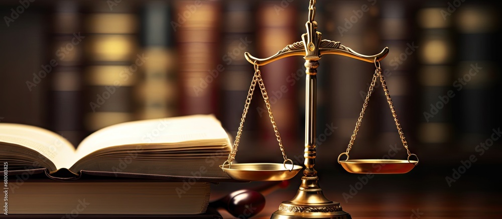 Legal concept image with backlit scales of justice and row of law books ...