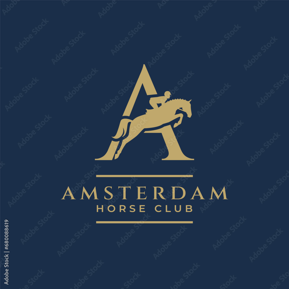 Elegant luxury letter A monogram horse jumping logo, letter A horse ...