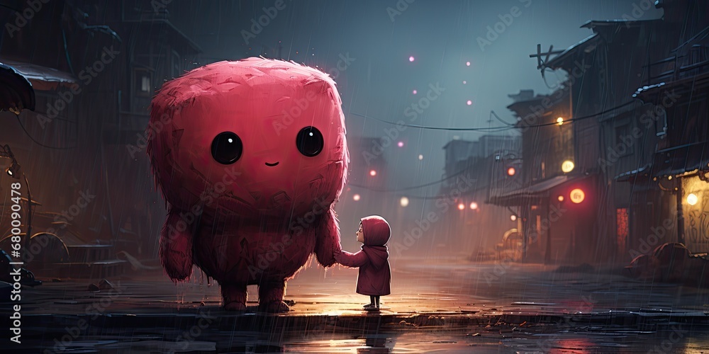 a girl wants to hug a fluffy pink alien with a big head on the street ...