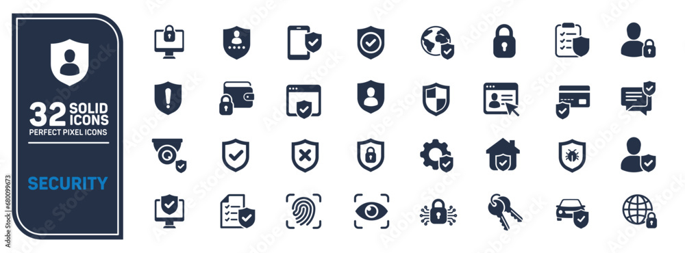 Security solid icons collection. Containing protection, safety, shield ...