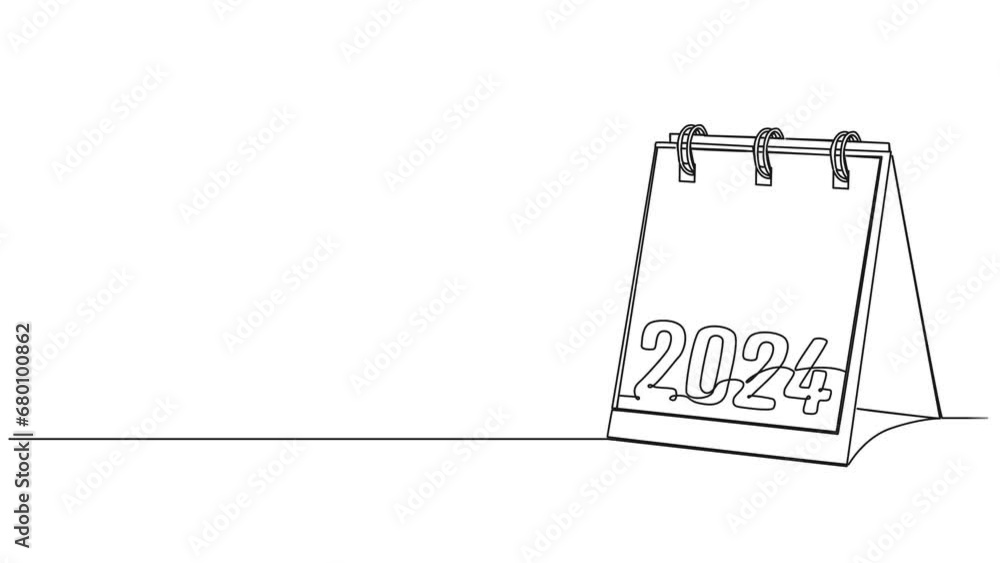 animated continuous single line drawing of year 2024 tear-off calendar ...