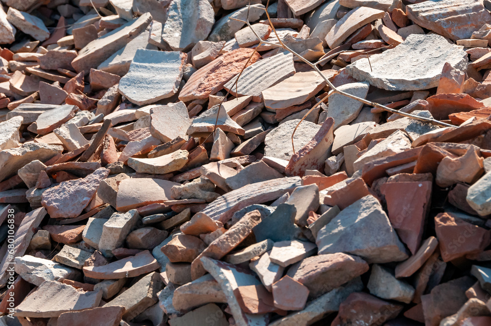 Pottery shards from excavations of an ancient city, archaeological site ...