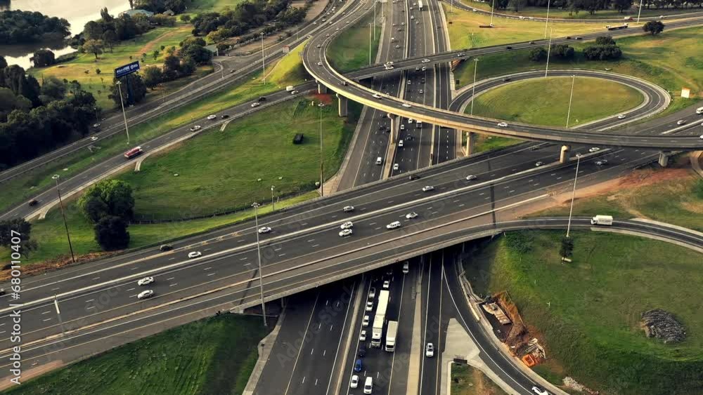 Drone, speed and cars on highway of city for travel, transportation and ...