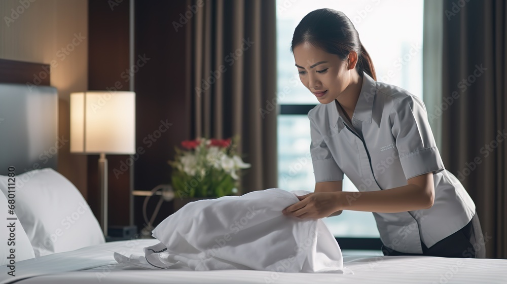 Thai female make the bed in hotel room, cleaning rooms in a luxury ...
