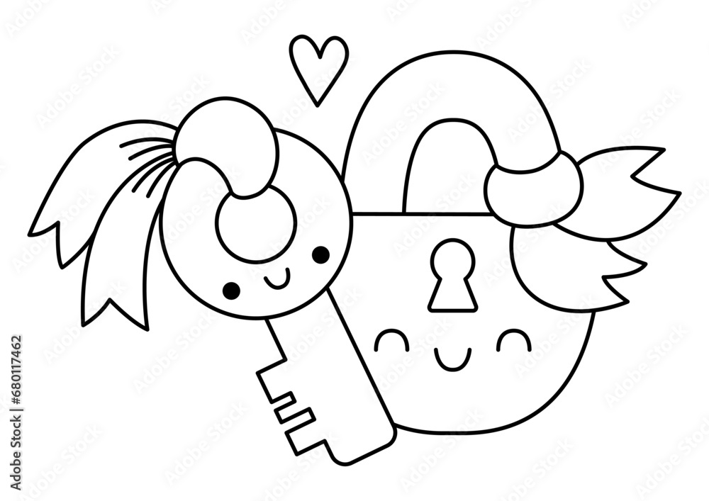 Vector black and white kawaii key and lock. Line locker isolated ...