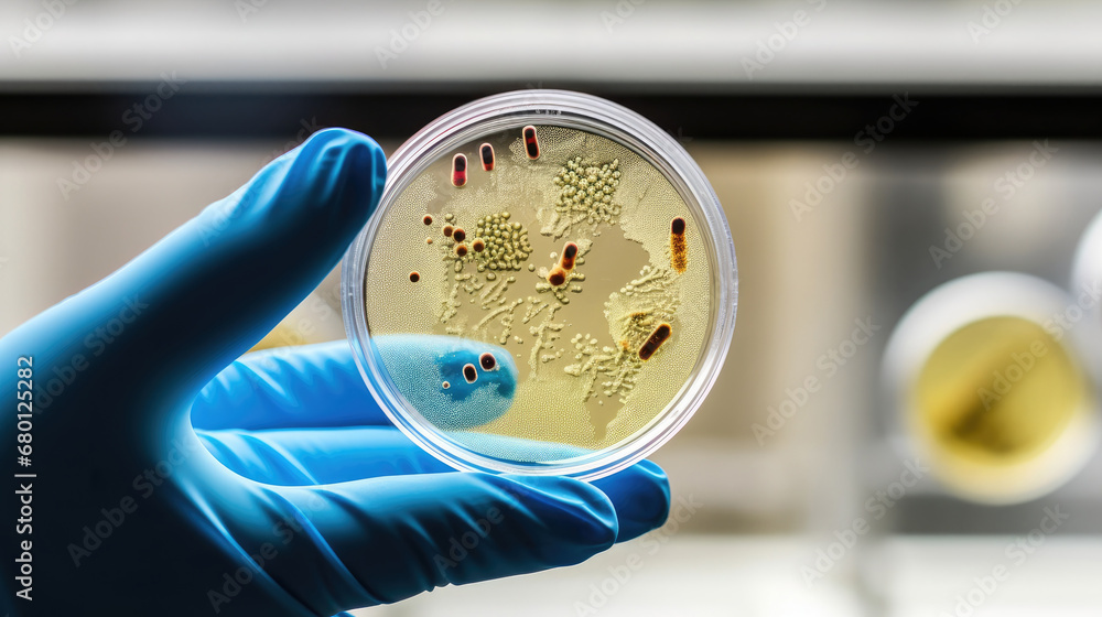 Scientist's hand holding bacteria and virus cells in a scientific ...
