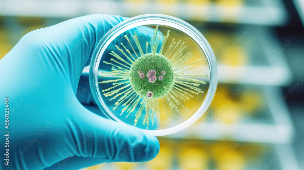 Scientist's hand holding bacteria and virus cells in a scientific ...